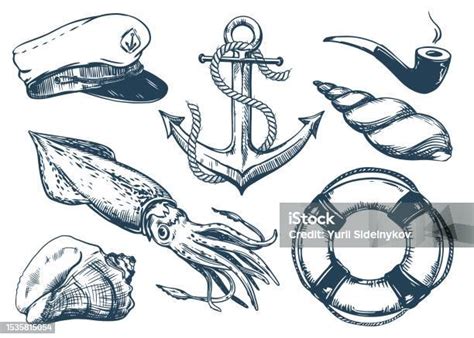 바다 어부의 삶의 요소 밧줄 선장 모자 흡연 파이프 구명 부표 오징어 바다 조개로 닻을 내립니다 빈티지 스타일의 벡터 그림 조각 효과 갑각류에 대한 스톡 벡터 아트 및 기타