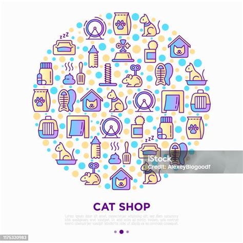 얇은 라인 아이콘원형 고양이 가게 개념 운송 위생 칼라 문 장난감 피더 긁는 자 쓰레기 간식 교육 가방 인쇄 미디어 배너에 대한 벡터 그림입니다 가방에 대한 스톡 벡터 아트