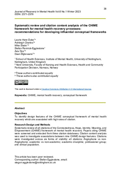 Pdf Systematic Review And Citation Content Analysis Of The Chime Framework For Mental Health