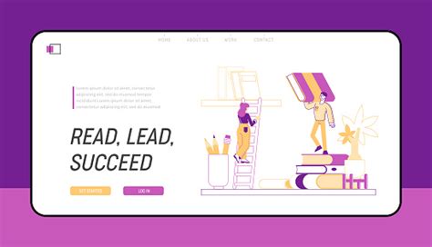 도서관에서 읽는 캐릭터는 책 방문 페이지 템플릿과 함께 거대한 책장에 서있습니다 젊은 이들이 아테나에움에서 시간을 보내고 문학 보관소에서 시험을 준비한다 선형 벡터