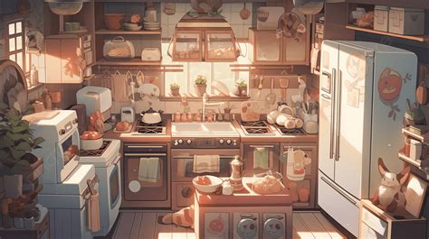 Kitchen Scene Is Shown In An Anime Style Background Toy Kitchen Picture Background Image And