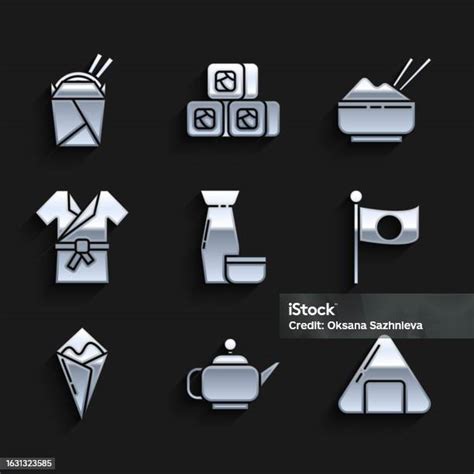 일본 전통 다도 초밥 기둥 국기 테마키 롤 의상 기모노 젓가락이 있는 그릇에 담긴 밥 아시아 국수 종이 상자와 젓가락 아이콘을