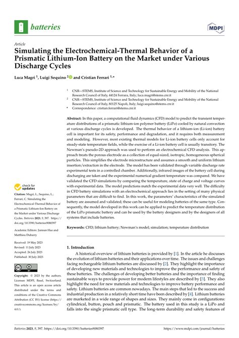 Pdf Simulating The Electrochemical Thermal Behavior Of A Prismatic Lithium Ion Battery On The