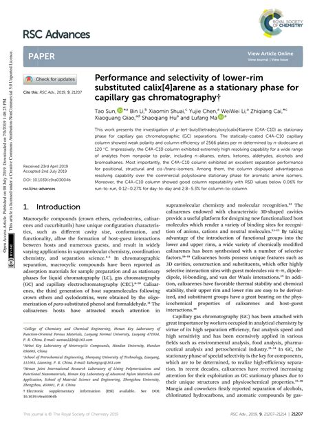 Pdf Performance And Selectivity Of Lower Rim Substituted Calix 4 Arene As A Stationary Phase