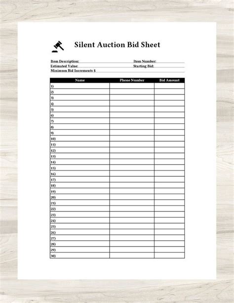 Printable Silent Auction Bid Sheets 30 Silent Auction Bid Sheet