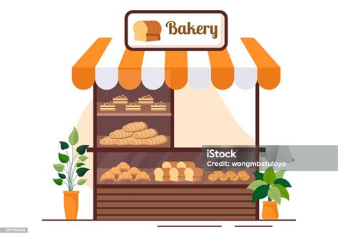 포스터 일러스트레이션을 위해 평평한 배경에서 구운 백빵 페이스트리 등 다양한 종류의 빵을 판매하는 베이커리 숍 빌딩 건강한 생활