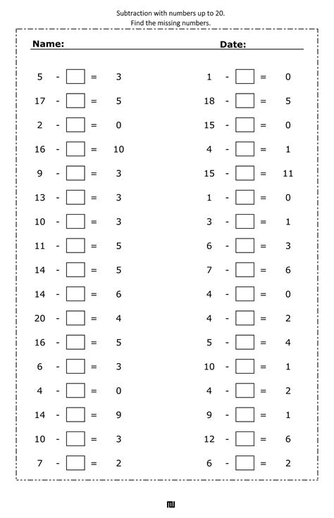 subtraction with numbers up to 20 find the missing numbers mental