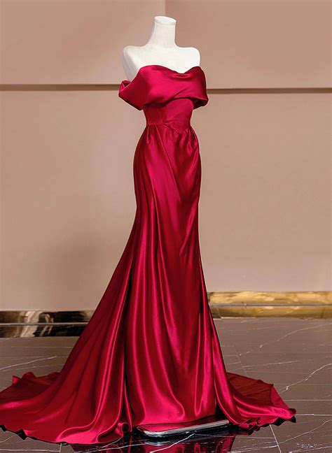 Bold Red Satin Evening Dress With Off Shoulder Design On Luulla