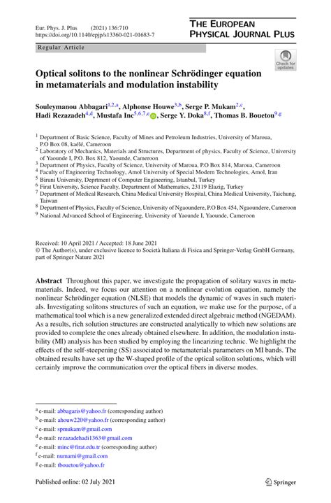 Pdf Optical Solitons To The Nonlinear Schrödinger Equation In Metamaterials And Modulation