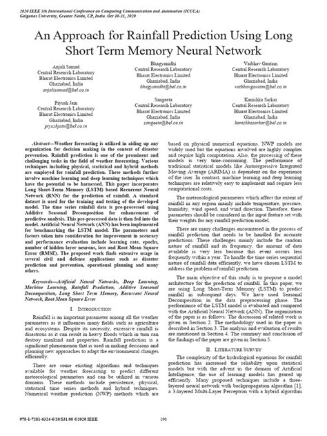 An Approach For Rainfall Prediction Using Long Short Term Memory Neural