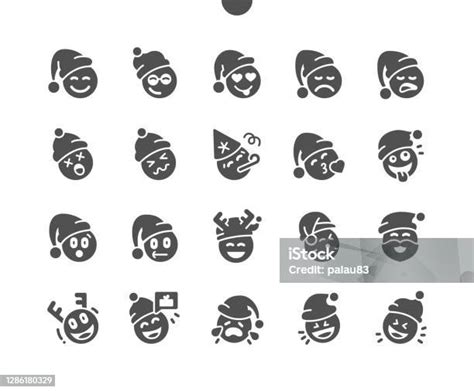 크리스마스 이모티콘 메신저를위한 새해 이모티콘 크리스마스 모자 겨울 이모티콘 행복하고 슬프고 웃는 얼굴 재미있는 만화 캐릭터 벡터 솔리드 아이콘입니다 간단한 그림 가득 찬에