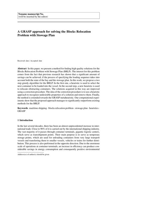 Pdf A Grasp Approach For Solving The Blocks Relocation Problem With Stowage Plan