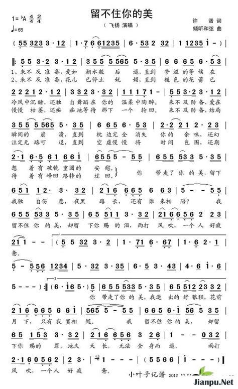 《留不住你的美》简谱飞扬原唱 歌谱 小叶子制谱 钢琴谱吉他谱 简谱之家