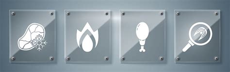 프라이팬 치킨 다리 불꽃과 신선한 냉동 스테이크 고기에 생선 스테이크를 설정합니다 정사각형 유리 패널 벡터 고기에 대한 스톡 벡터 아트 및 기타 이미지 Istock