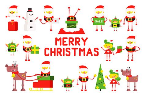 귀여운 산타 클로스 크리스마스 트리 순록 엘프 소녀와 눈사람 벡터 만화 캐릭터는 흰색 배경에 격리 설정합니다 가방에 대한 스톡 벡터 아트 및 기타 이미지 Istock