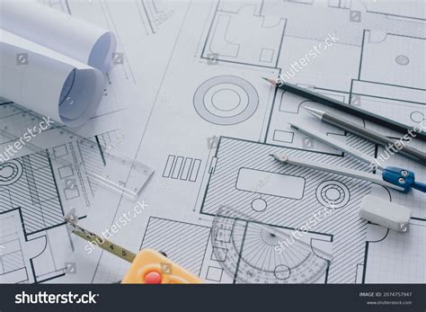 Architect Workplace Top View Blueprints Blueprint Stock Photo Shutterstock
