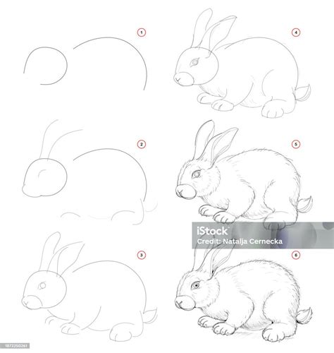 귀여운 작은 토끼의 자연 스케치에서 그리는 방법 단계별 연필 드로잉 생성 아티스트를 위한 교육 페이지입니다 예술적 능력을 개발하기 위한 학교 교과서 손으로 그린 벡터