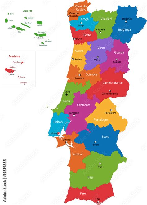 Poster Colorful Portugal Map With Regions And Main Cities Wall Art