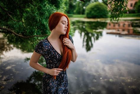 Обои Women Redhead Portrait Dress Women Outdoors Closed Eyes