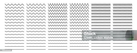 물결 모양의 지그재그 선 수평 브러시 스트로크 물결 기복 왜곡 곡선 세그먼트 기하학적 장식 벡터 세트 짧고 불규칙한 곡선에 대한