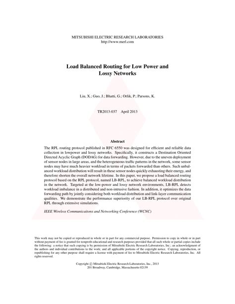Pdf Load Balanced Routing For Low Power And Lossy Networks