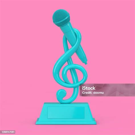 블루 뮤직 트레블 클레프와 마이크 어워드 트로피 인 듀오톤 스타일 3d 렌더링 개념에 대한 스톡 사진 및 기타 이미지 개념