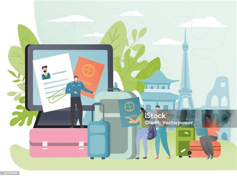 해외 여행 비자 신청 관광 여권 개념 문서 보안 제어 벡터 일러스트레이션 출입국에 대한 스톡 벡터 아트 및 기타 이미지 출입국 가공의 인물 개념 Istock