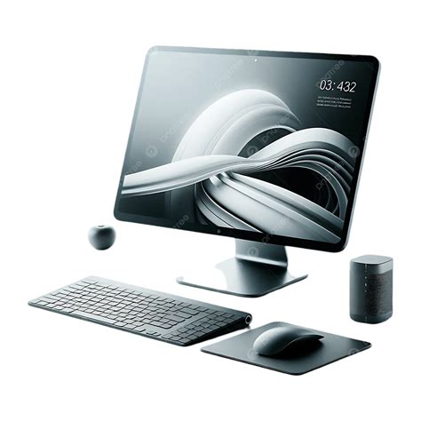 A Sleek Desktop Computer Setup Featuring Monitor Keyboard Mouse Speakers And Wireless Earbuds