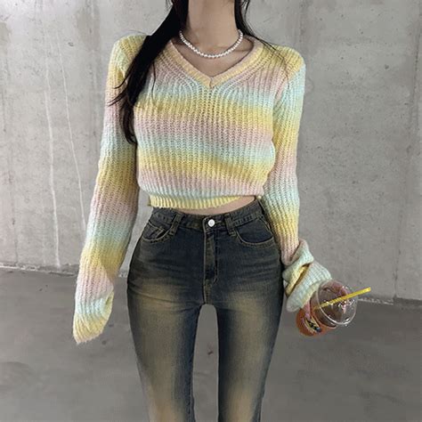 [컬러예쁜 홀리강추] 솜사탕 그라데이션 V넥 크롭니트 컬러니트 여리니트 봄니트 에이블리