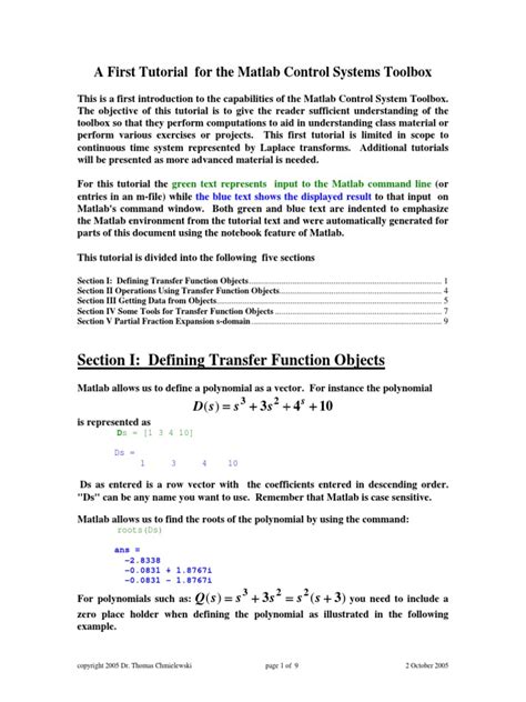 A First Tutorial For The Matlab Control Systems Toolbox Section I Defining Transfer Function