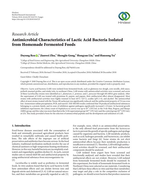 Pdf Antimicrobial Characteristics Of Lactic Acid Bacteria Isolated From Homemade Fermented Foods