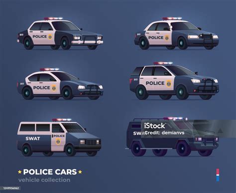 다양한 유형의 경찰차의 컬렉션 도시 도시 경찰차 밴 Suv 추격 및 스와트 트럭 스포츠 유틸리티 자동차에 대한 스톡 벡터 아트 및 기타 이미지 스포츠 유틸리티 자동차