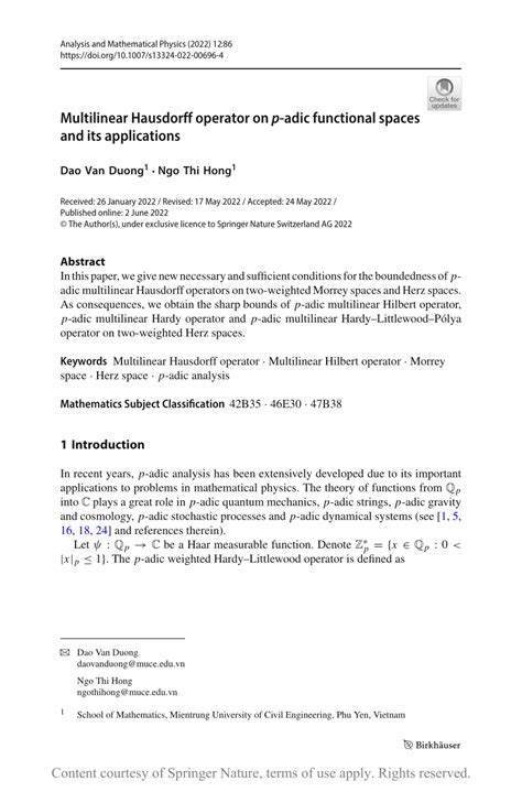 Multilinear Hausdorff Operator On P Adic Functional Spaces And Its Applications Request Pdf