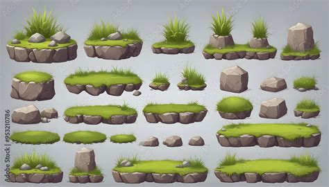 Grass Stones Platforms 2d Game Design Elements On Isolated Background Grass And Stones Podium