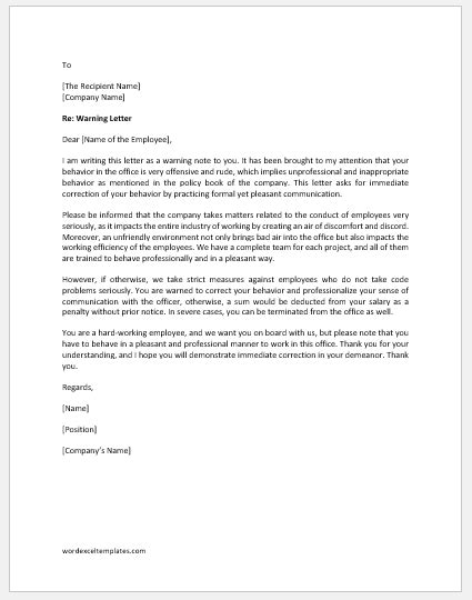 Warning Letter For Unprofessional And Inappropriate Behavior