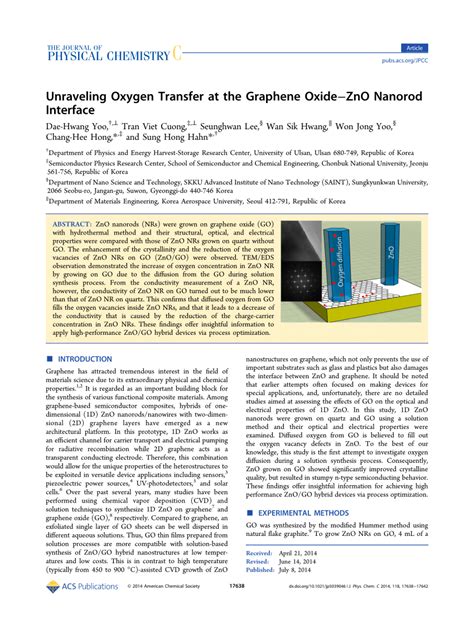 Pdf Unraveling Oxygen Transfer At The Graphene Oxide−zno Nanorod