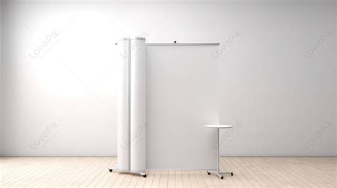 배경에 빈 롤업 엑스포 배너 스탠드가 있는 흰색 무역 박람회 부스의 3d 렌더링 그림 부스 배경 무역 배경 배너 배경 이미지 Hd 부스 무역 배너 배경 사진 무료