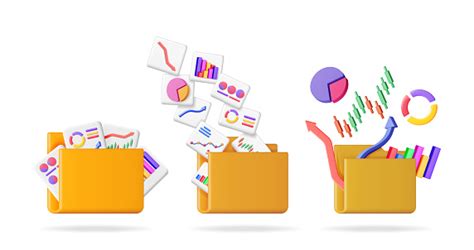 다양한 비즈니스 차트와 그래프가 떠다니는 파일 폴더의 3d 벡터 세트 모음입니다 재무 분석 및 데이터 구성 개념 개념에 대한 스톡 벡터 아트 및 기타 이미지 Istock