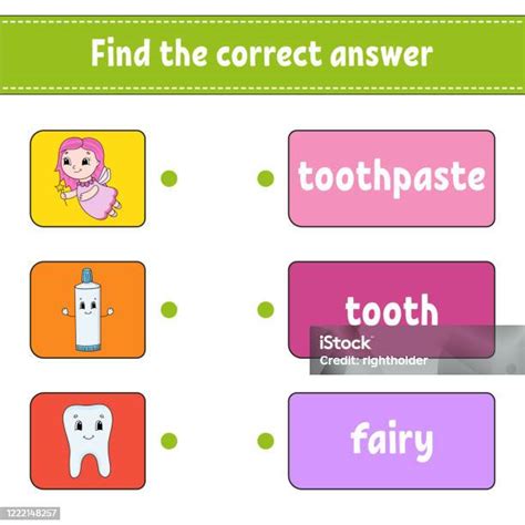 정답을 찾으십시오 선을 그립니다 단어를 학습 치아 치약 요정 영어 공부를 위한 액티비티 워크시트 만화 캐릭터 0명에 대한 스톡