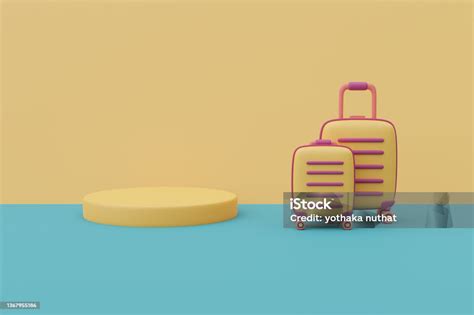 원형 포디움 무대와 노란색 가방의 3d 렌더링 표시 또는 프리젠 테이션을위한 사본 Spce 최소한의 스타일 3차원 형태에 대한 스톡 사진 및 기타 이미지 Istock