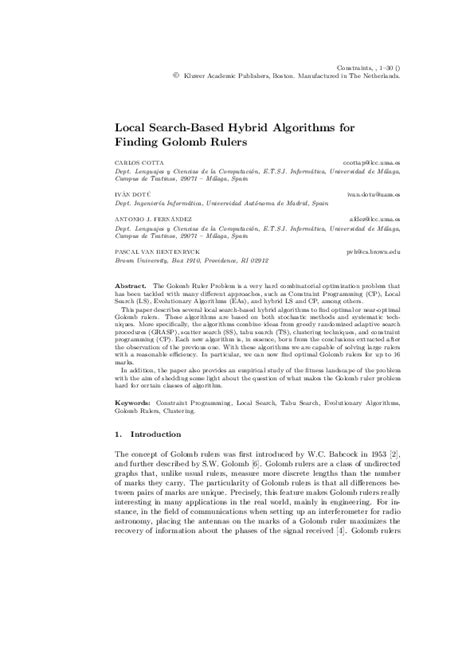 Pdf Local Search Based Hybrid Algorithms For Finding Golomb Rulers