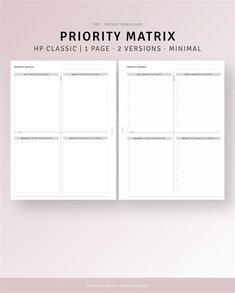 Priority Matrix Printable Template HP Classic Inserts Decision Matrix Productivity Planner Priority Matrix Printable Template HP Classic Inserts Decision Matrix Productivity Planner