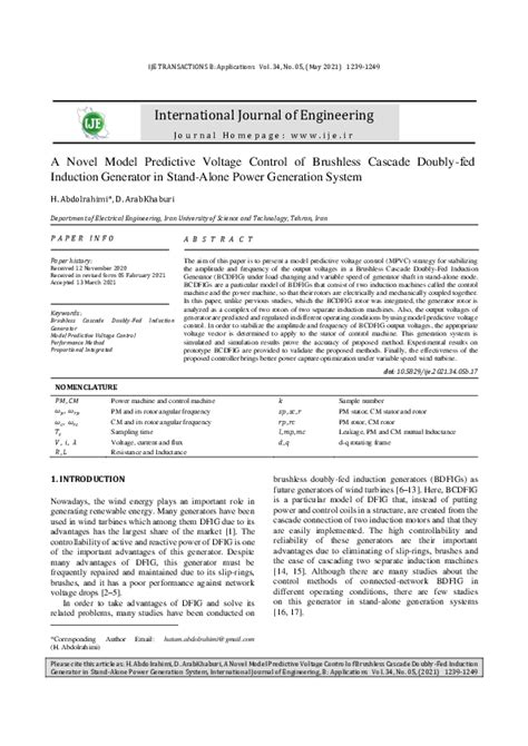 Pdf A Novel Model Predictive Voltage Control Of Brushless Cascade Doubly Fed Induction