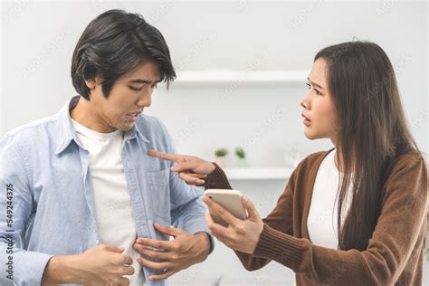 Infidelity Suspicion Asian Young Couple Love Fight Relationship Wife Holding Cellphone