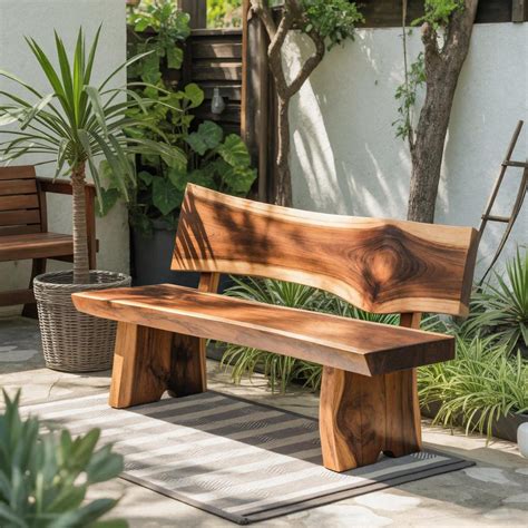 Contemporary Outdoor Wood Bench Sculpted Back Garden Bench For Patio Or Modern Courtyard