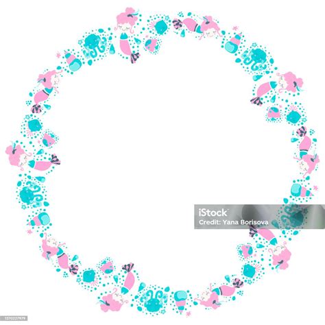 스칸디나비아 스타일의 작은 귀여운 미소 만화 인어 소녀 문어 물고기 조개 불가사리와 거품의 고립 된 둥근 프레임 어린이와 유아 디자인 공간을 복사합니다 벡터 0명에 대한