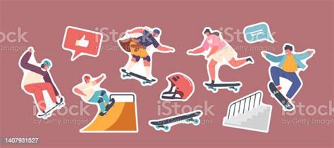 스티커 세트 어린이 스케이트 롱 보드에서 십대 어린이 스케이터 소년과 소녀 보호 헬멧 어린이 스포츠 스케이트 스포츠에 대한 스톡 벡터 아트 및 기타 이미지 Istock