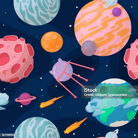 Ufo 우주선 로켓 태양계 은하계 여행 은하 행성 소행성 혜성 별똥별 흰색 배경에 만화 스타일의 벡터 그림 개념에 대한 스톡