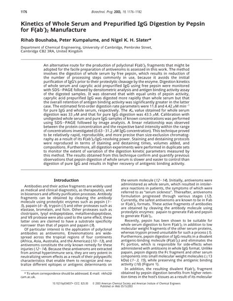 Pdf Kinetics Of Whole Serum And Prepurified Igg Digestion By Pepsin