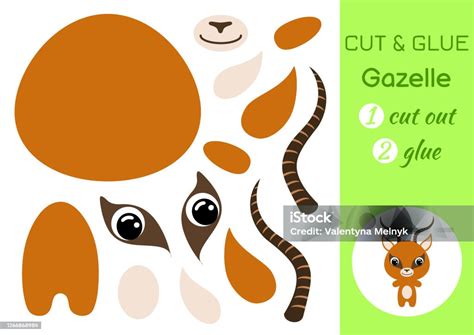 잘라 서 아기 가젤접착제 워크시트를 개발하는 교육 미취학 아동을위한 컬러 종이 게임 종이에 이미지와 접착제의 일부를 잘라 만화 캐릭터 다채로운 벡터 스톡 일러스트레이션 0